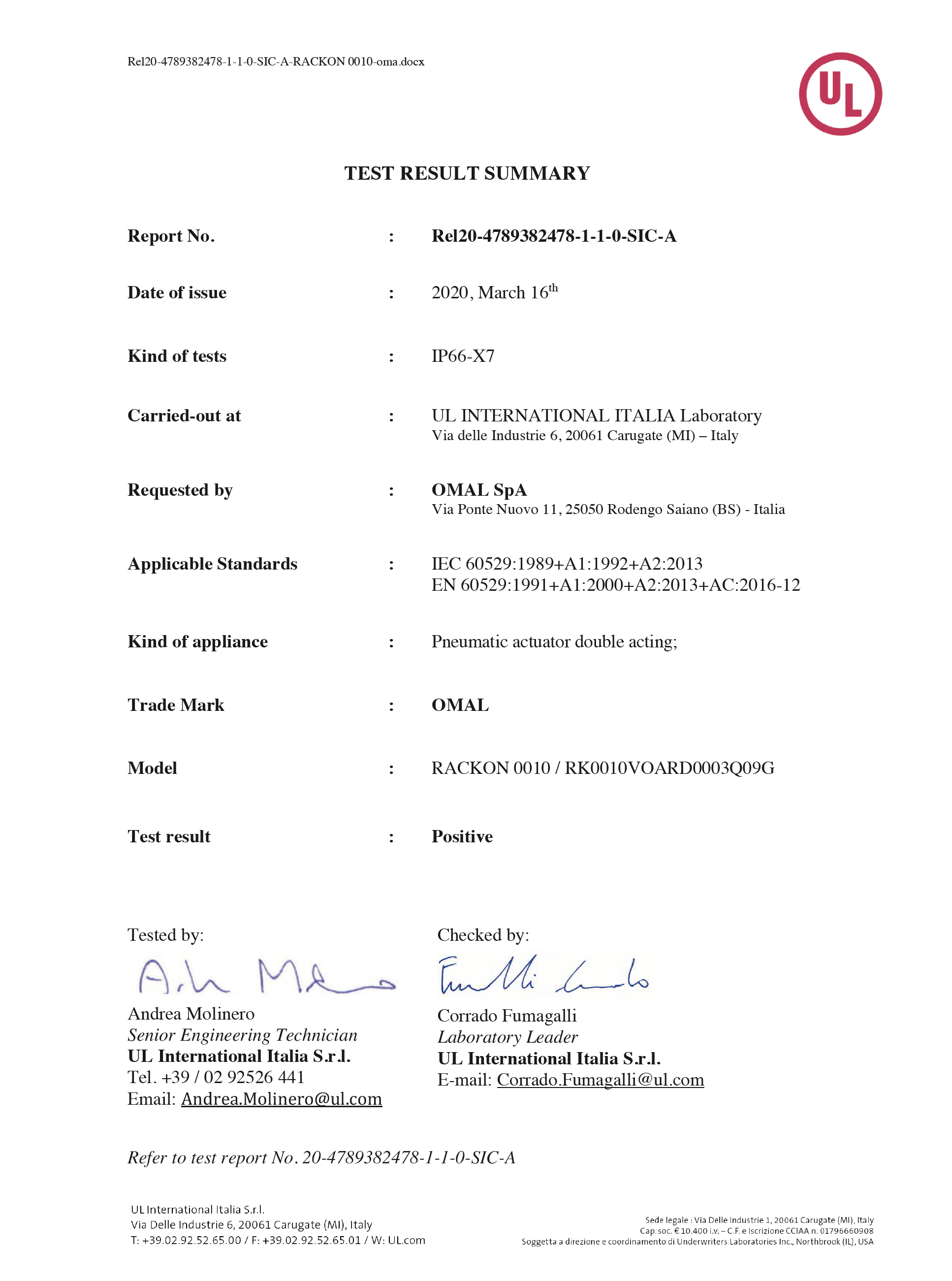 RACKON - Double acting DA